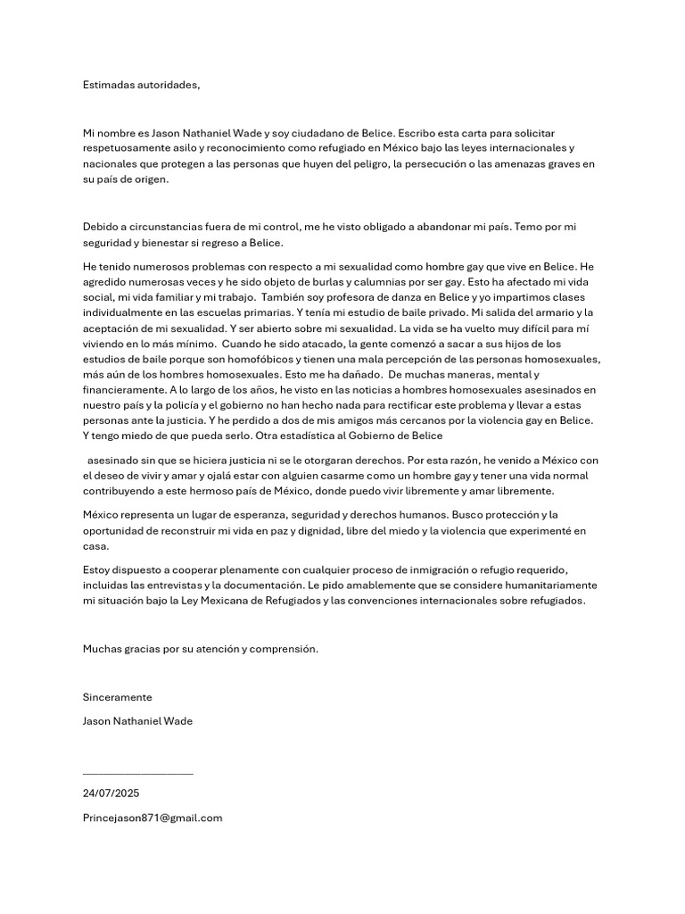 Letter Jason Nathaniel Wade - Español | PDF | Refugiado | Belice