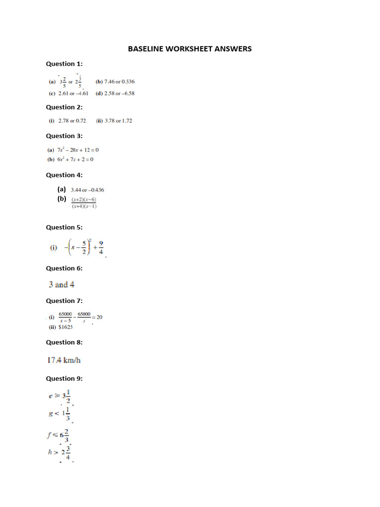 Gr9 Baseline Worksheet Answers | PDF