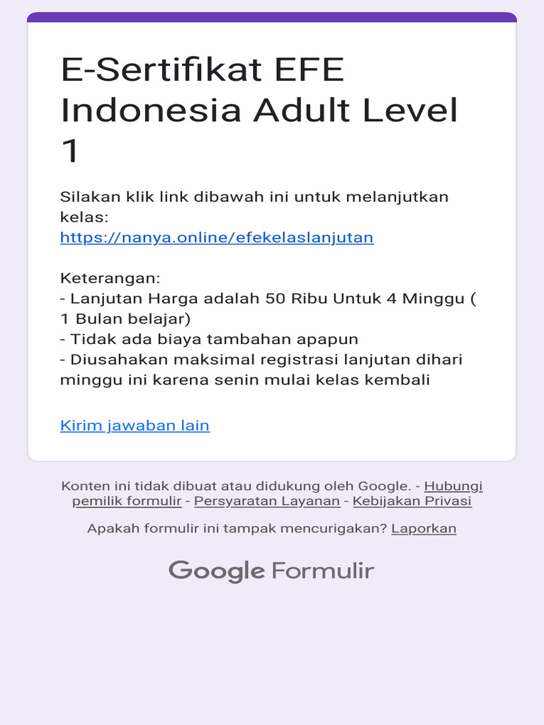 E-Sertifikat EFE Indonesia Adult Level 1 | PDF