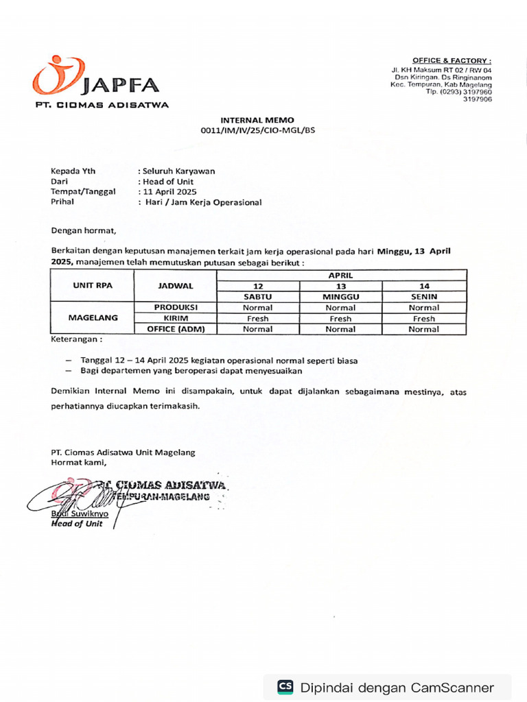 Internal Memo Jam Kerja Operasional Unit (1) | PDF