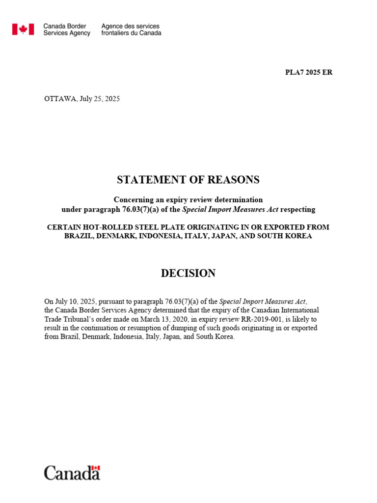 CBSA Steel Plate 7 Statement of Reasons | PDF | Dumping (Pricing Policy ...