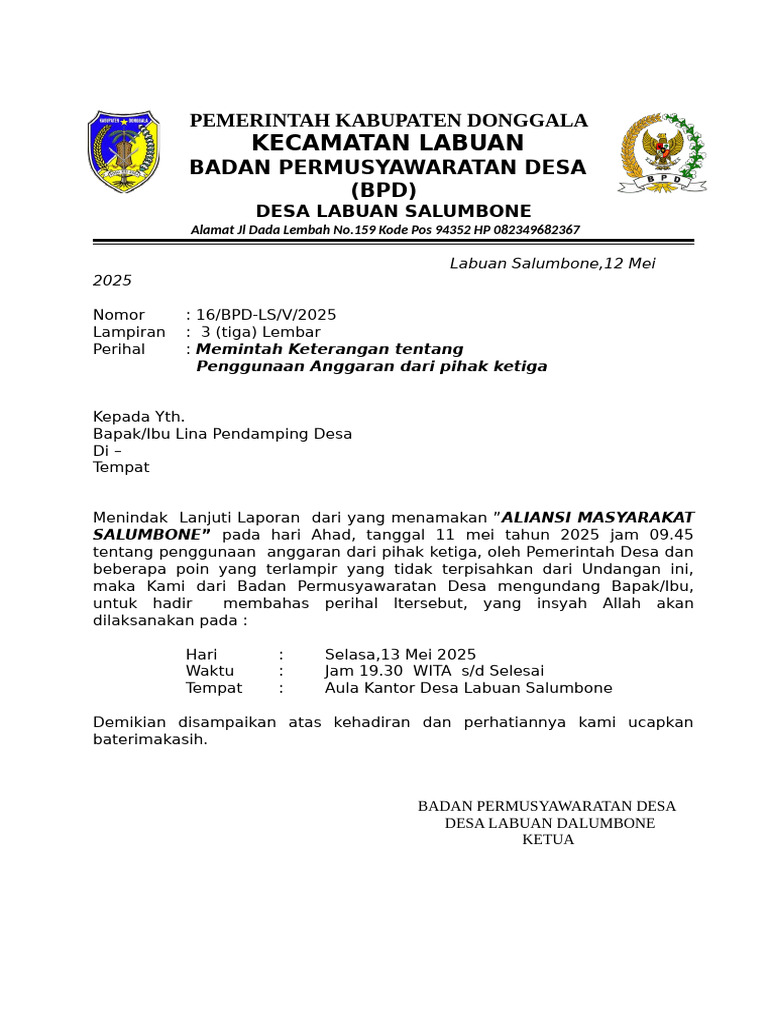 Undangan Rapat BPD Labuan Salumbone | PDF