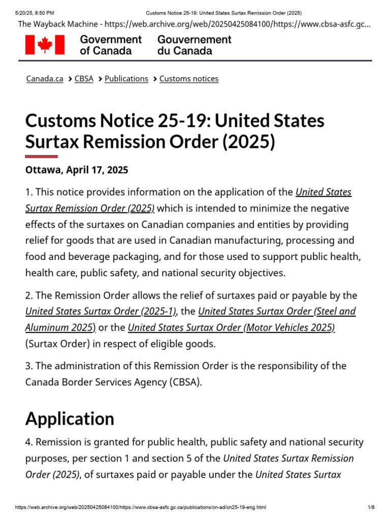 Customs Notice 25-19 - United States Surtax Remission Order (April 17 ...