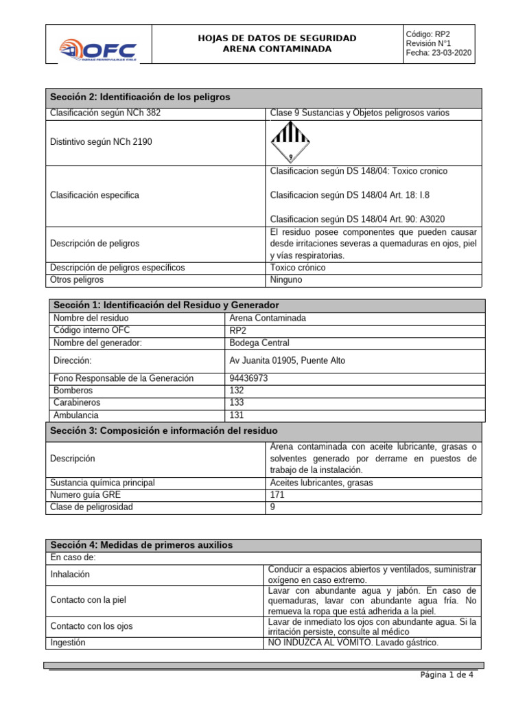 Hoja de Seguridad: Arena Contaminada | PDF | Residuos | Vertedero