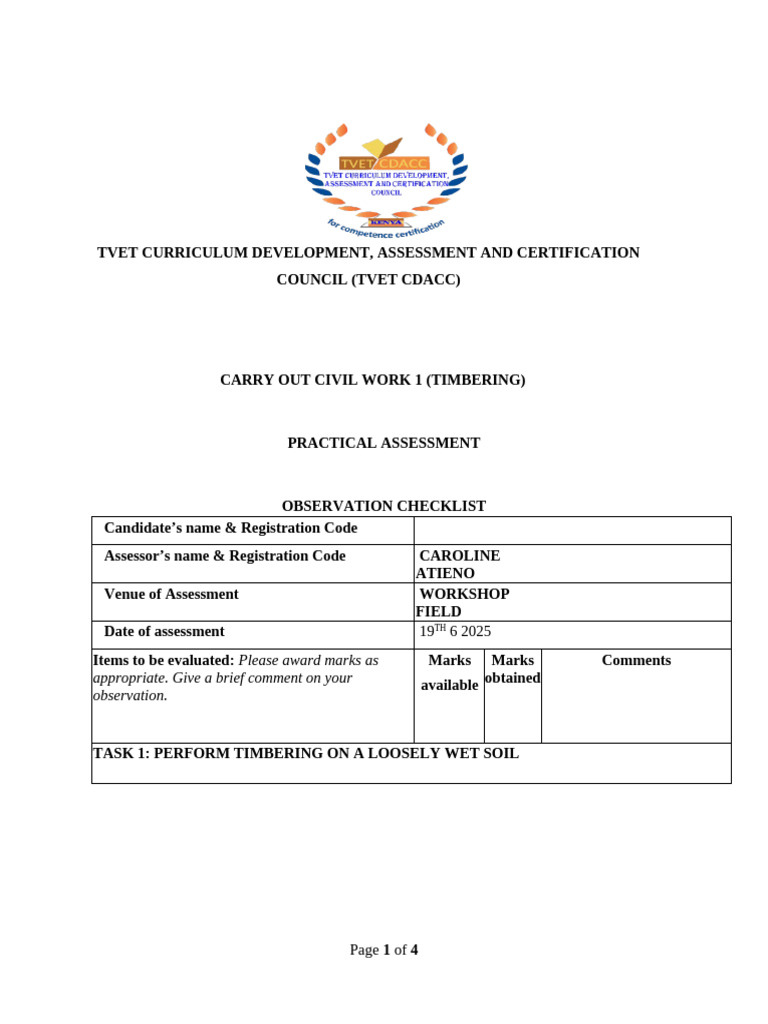 Observation Checklist CIVIL TIMBERING Level 6 | PDF | Personal ...