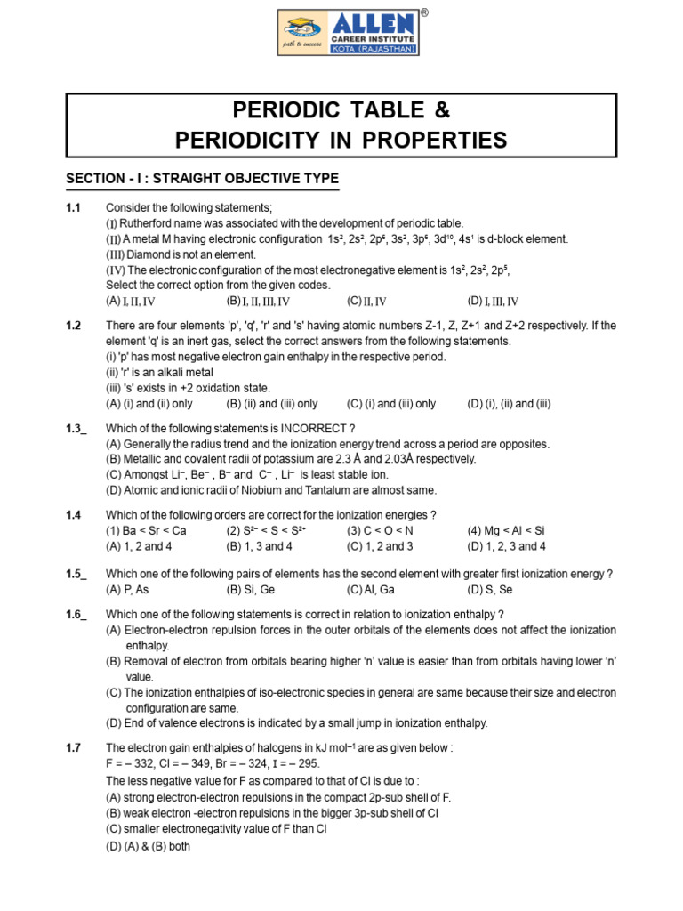 Periodic Table and Properties Quiz | PDF | Periodic Table | Ion
