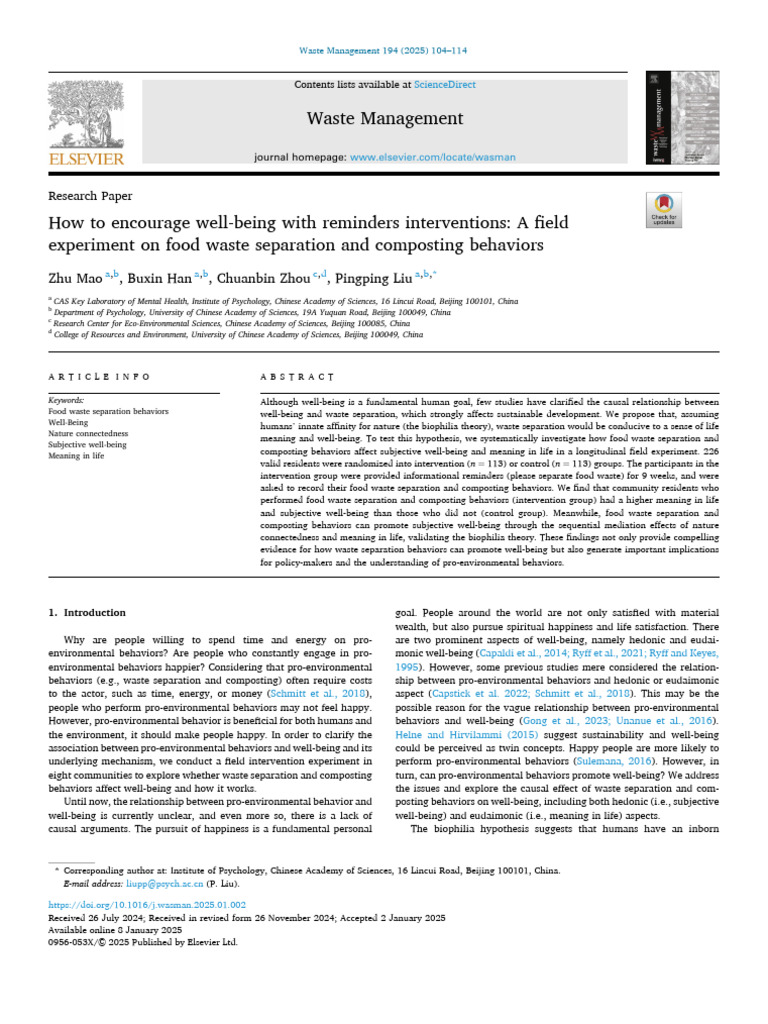 Food Waste Separation and Well-Being | PDF | Well Being | Psychology