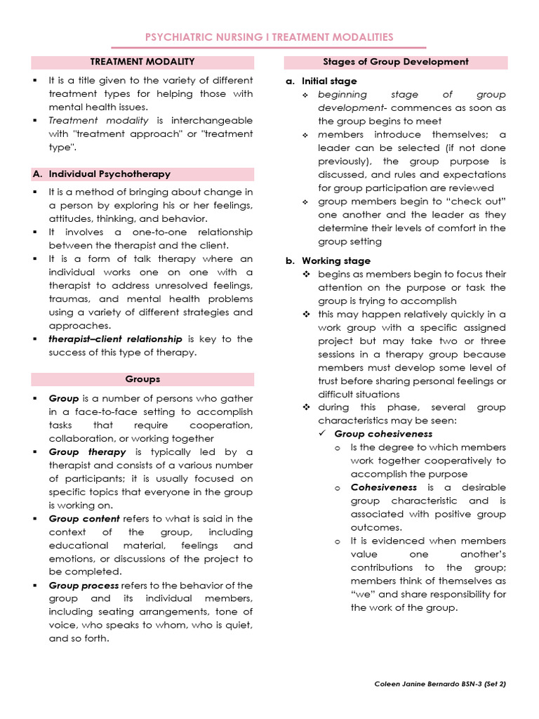 Psychiatric Nursing I TREATMENT MODALITY | PDF | Psychotherapy ...
