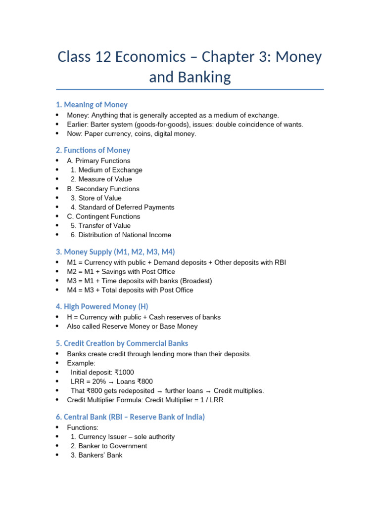Class 12 Money and Banking Notes | PDF