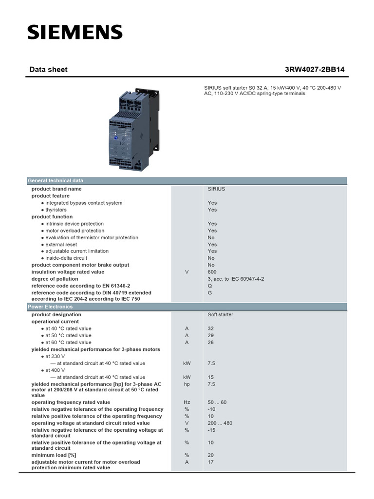 SIRIUS Soft Starter 3RW4027-2BB14 Data Sheet | PDF | Alternating ...