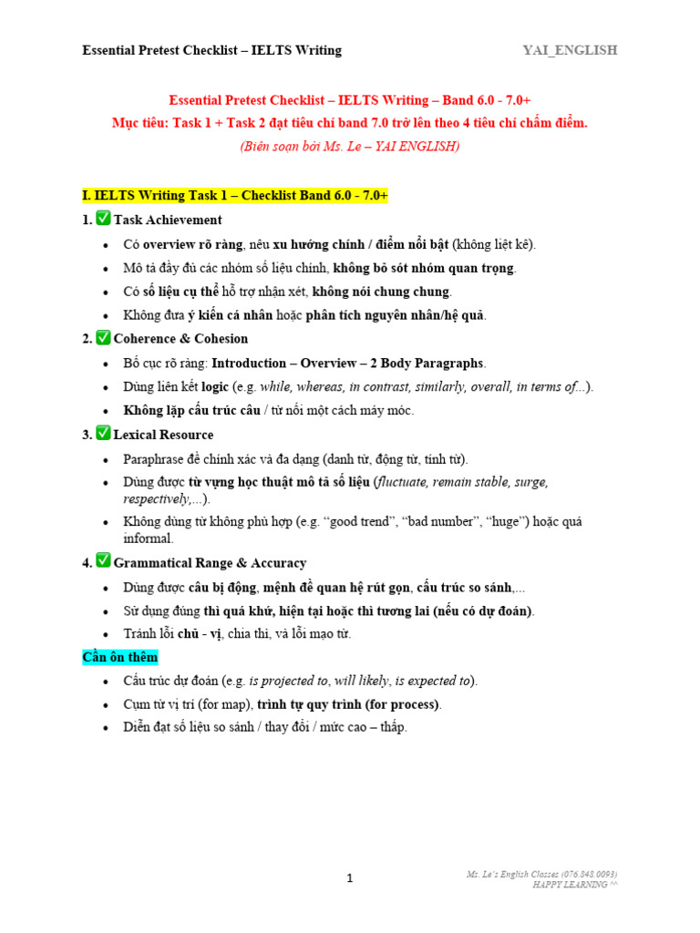 Essential Pretest Checklist - IELTS Writing - Band 6.0 - 7.0+ | PDF