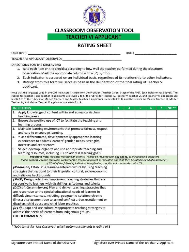 COT-Rating Sheet Teacher VI Applicant | PDF | Educational Technology ...