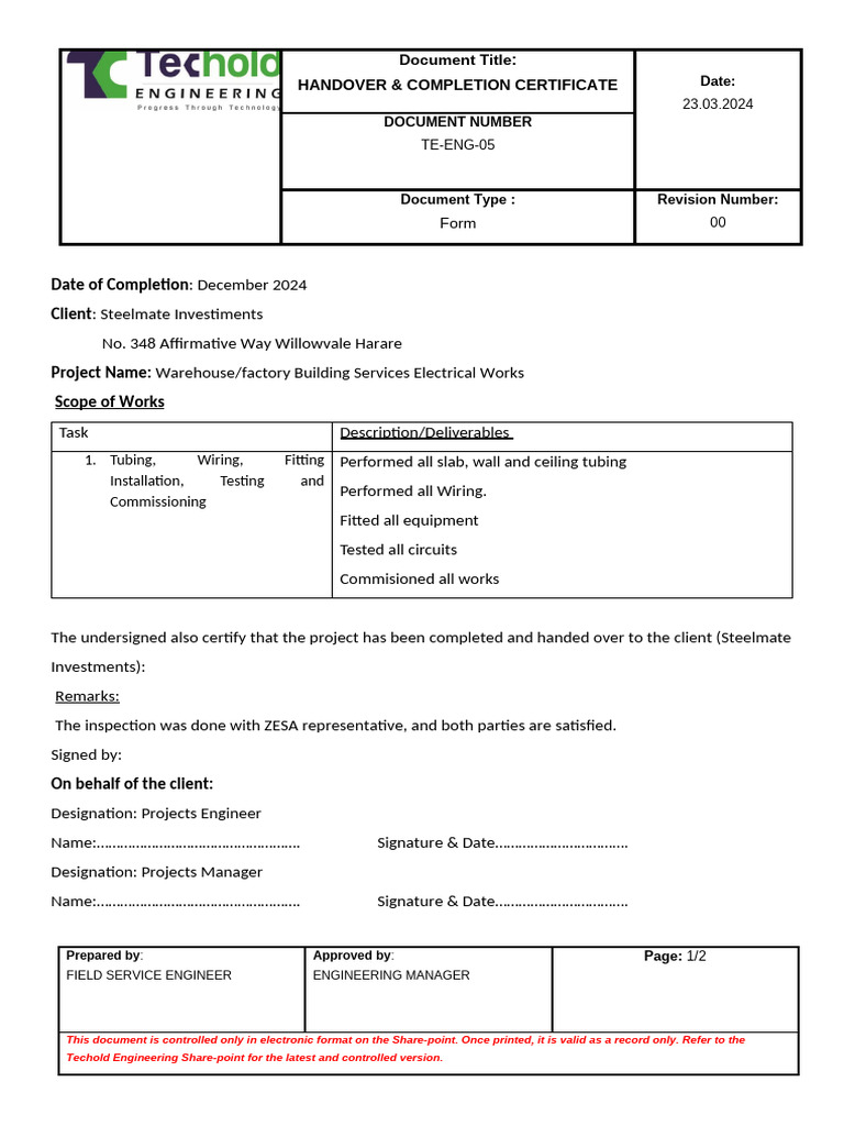 Steel Mate Affirmative Hand Hand Over and Acceptance Certificate | PDF