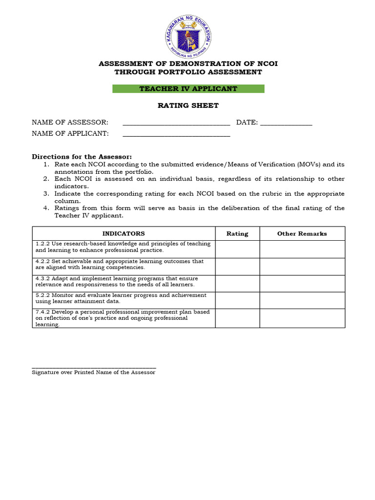 NCOI Rating Sheet Teacher IV Applicant | PDF