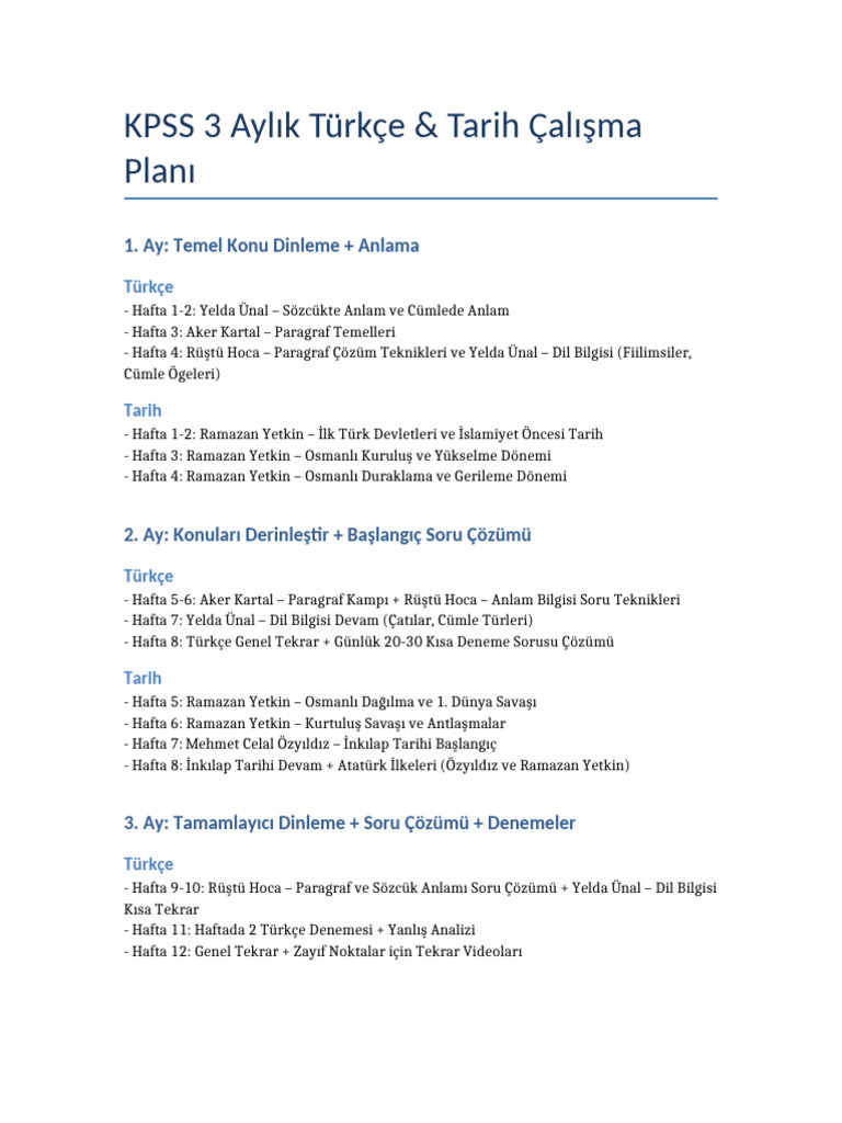 KPSS 3 Aylik Turkce Tarih Calisma Plani | PDF
