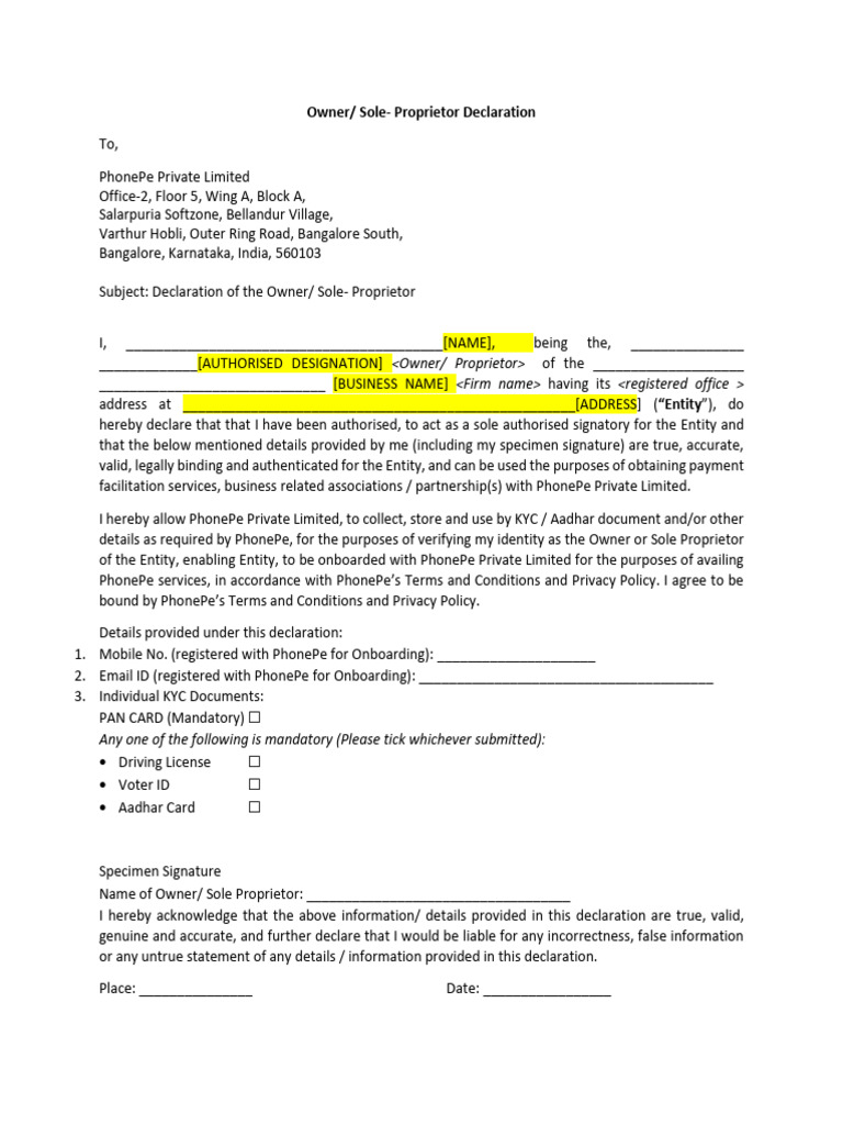 Owner or Sole Proprietor Declaration | PDF | Access Control ...