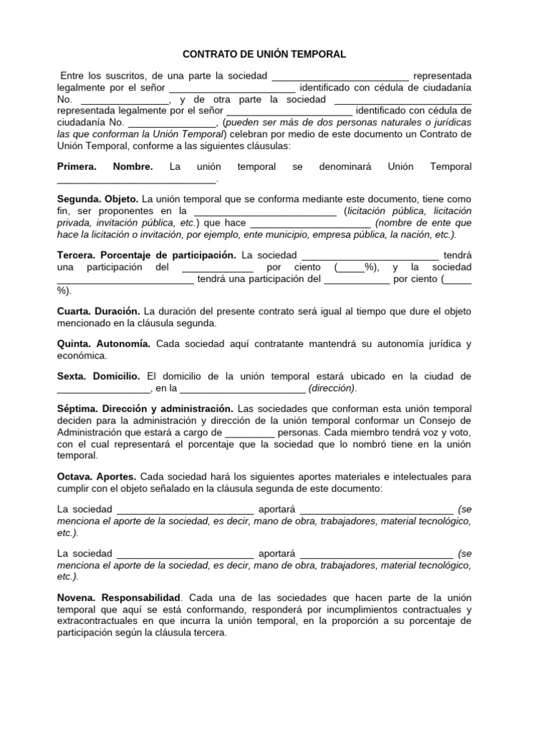 Contrato de Unión Temporal: Cláusulas Esenciales | PDF | Sociedad de ...