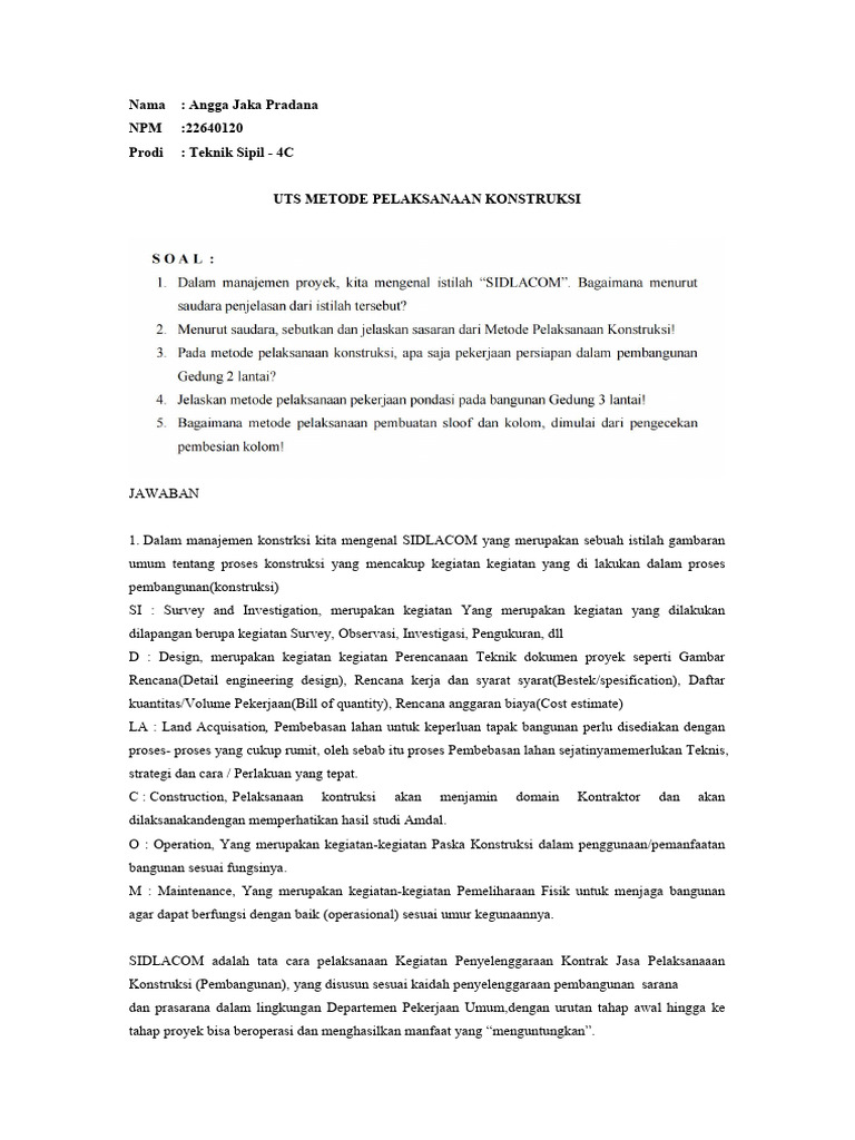 Uts Metode Pelaksanaan Konstruksi Angga Jaka Pradana 22640120 Teknik Sipil 4c | PDF