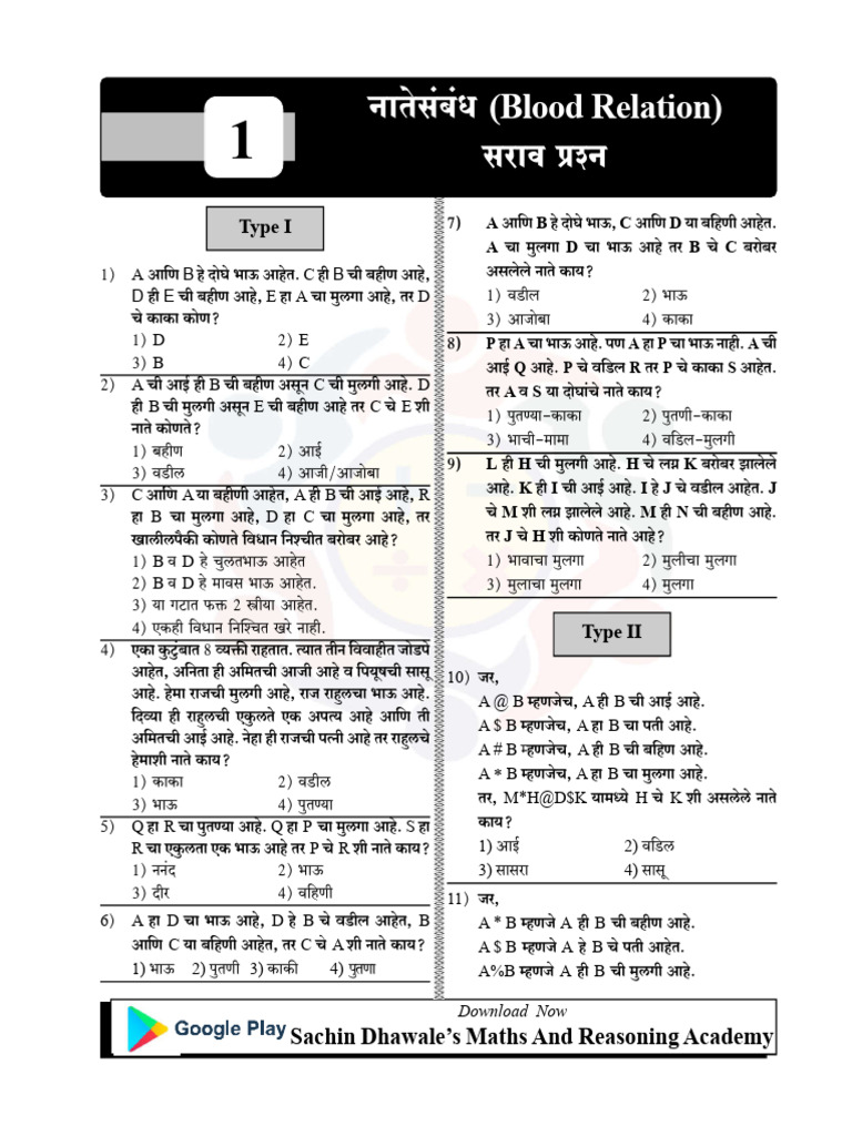 Blood Relation Practice Set 2025-26 | PDF