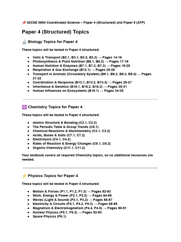 IGCSE 0654 Coordinated Science Topics | PDF