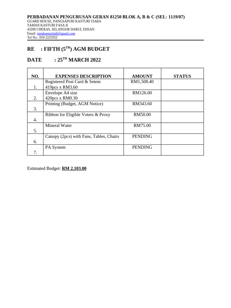 Budget For AGM - KT | PDF