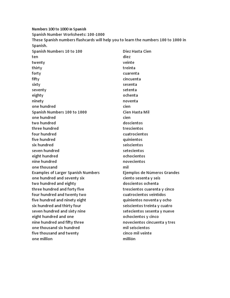 100 To 1000 In Spanish