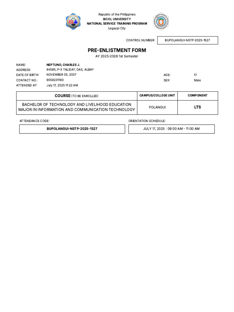 NSTP Pre-Enlistment Form AY 2025-2026 | PDF