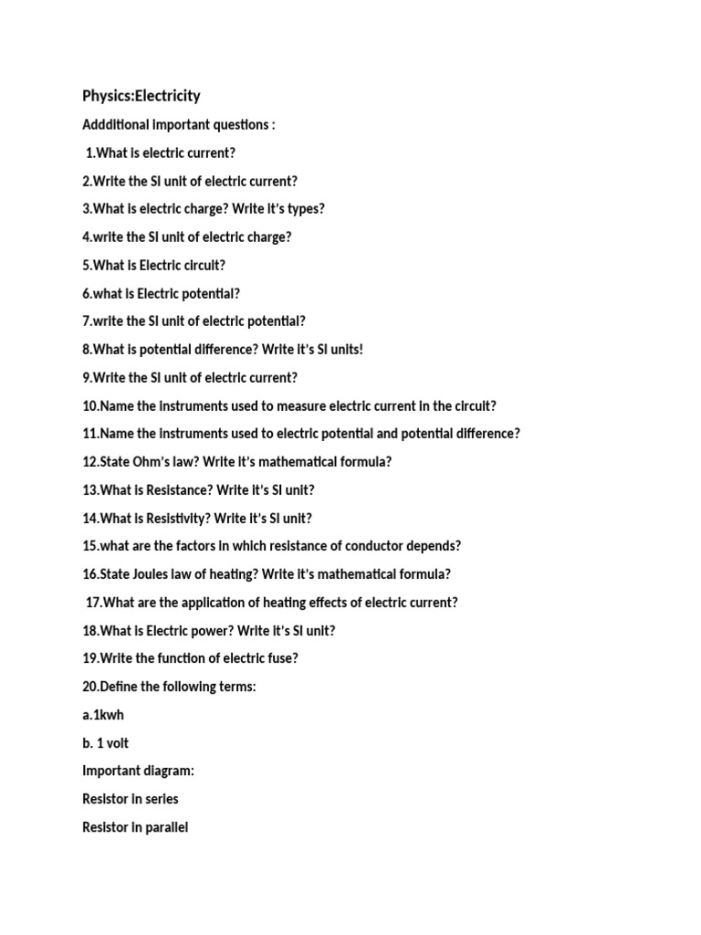 Essential Electricity Concepts and Questions | PDF