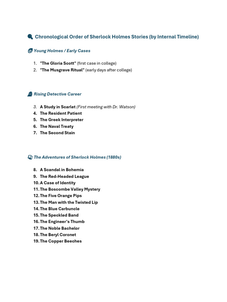 Chronological Order of Sherlock Holmes | PDF | Sherlock Holmes | The ...