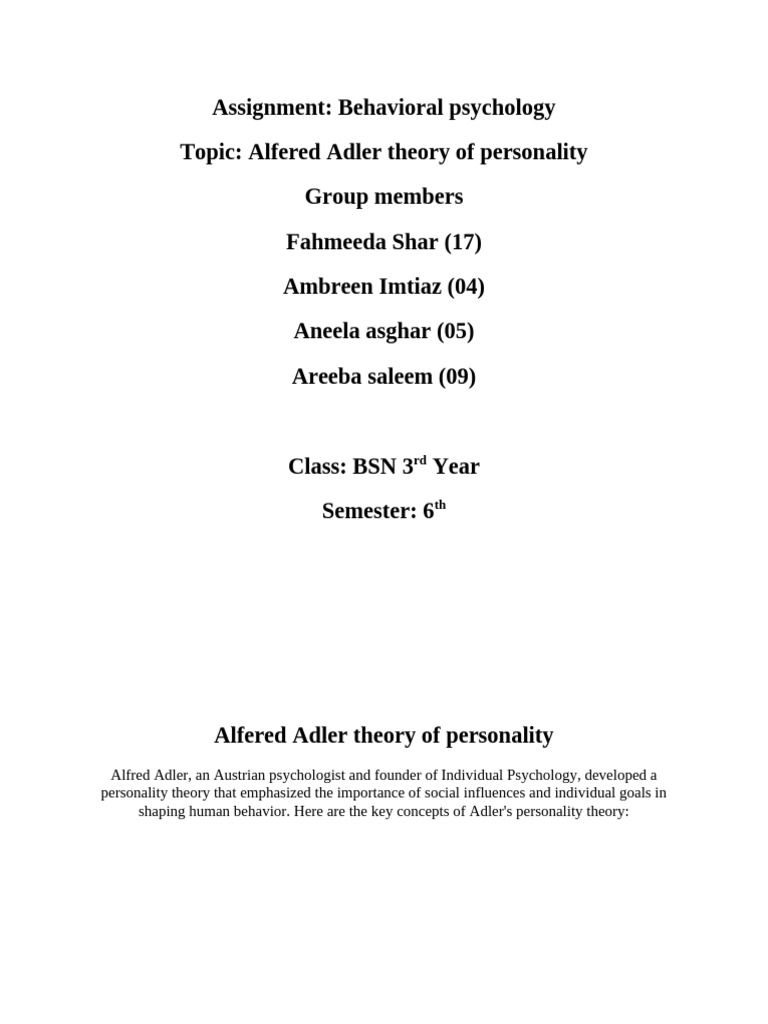 Adler Theory Assignment | PDF | Social Psychology | Psychological Concepts