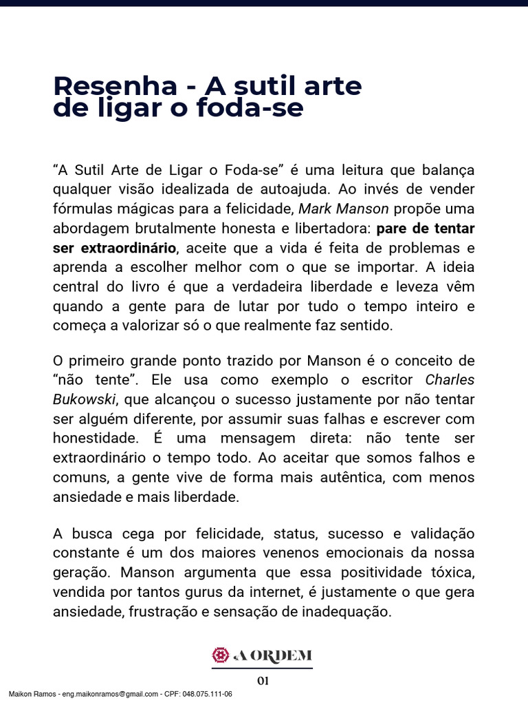 Resenha: A Sutil Arte de Ligar o F*da-se | PDF | Vida | Liberdade