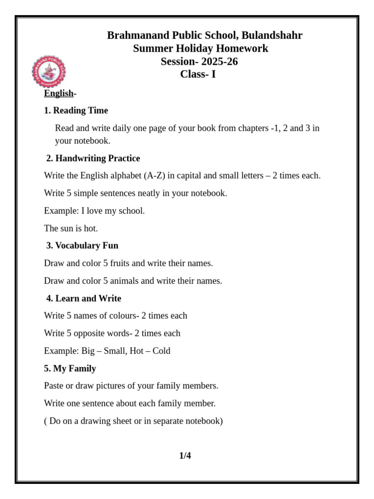 Class - 1 Holiday Home Work | PDF