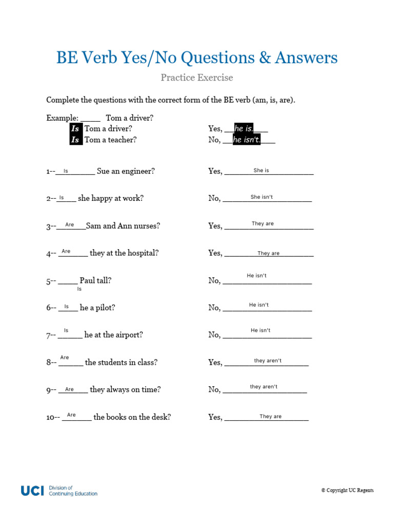 C1M4L1 - BE Verb Yes No Questions & Answers Practice Exercise | PDF