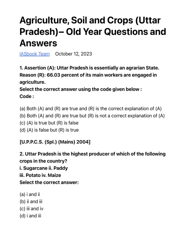 Agriculture, Soil and Crops (Uttar Pradesh) - Old Year Questions and ...