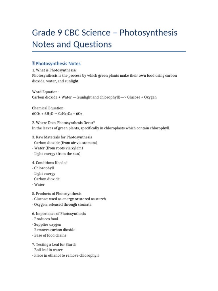 Grade 9 Photosynthesis Overview and Q&A | PDF | Photosynthesis | Leaf