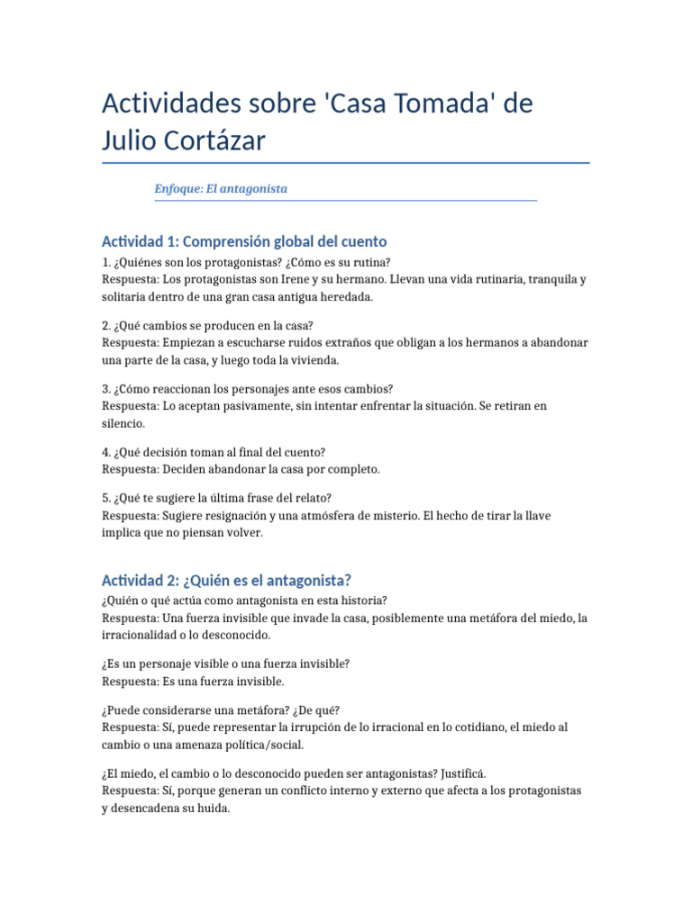 Análisis del Antagonista en 'Casa Tomada' | PDF