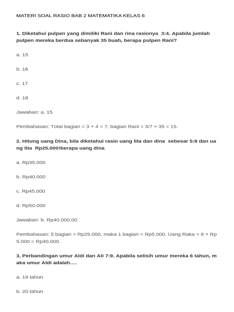 Materi Soal Rasio Bab 2 Matematika Kelas 6 | PDF