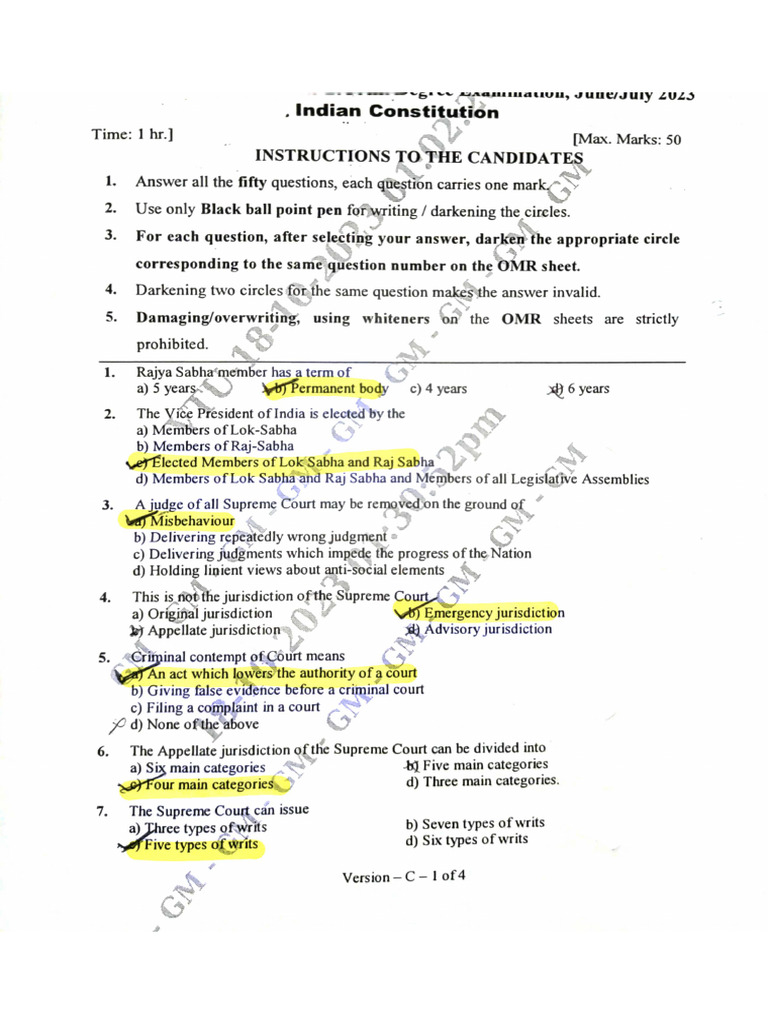 Solved QP of 2nd Sem Vtu Exam of Indian Constitution | PDF