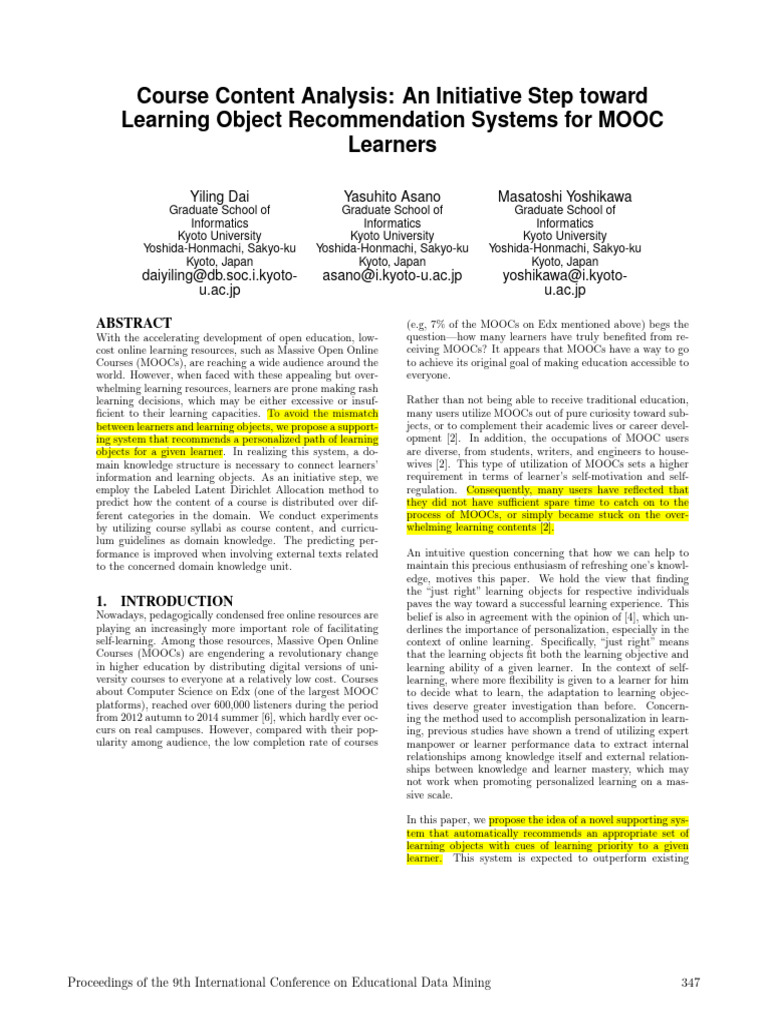 2016 - 18. Course Content Analysis - An Initiative Step Toward Learning ...