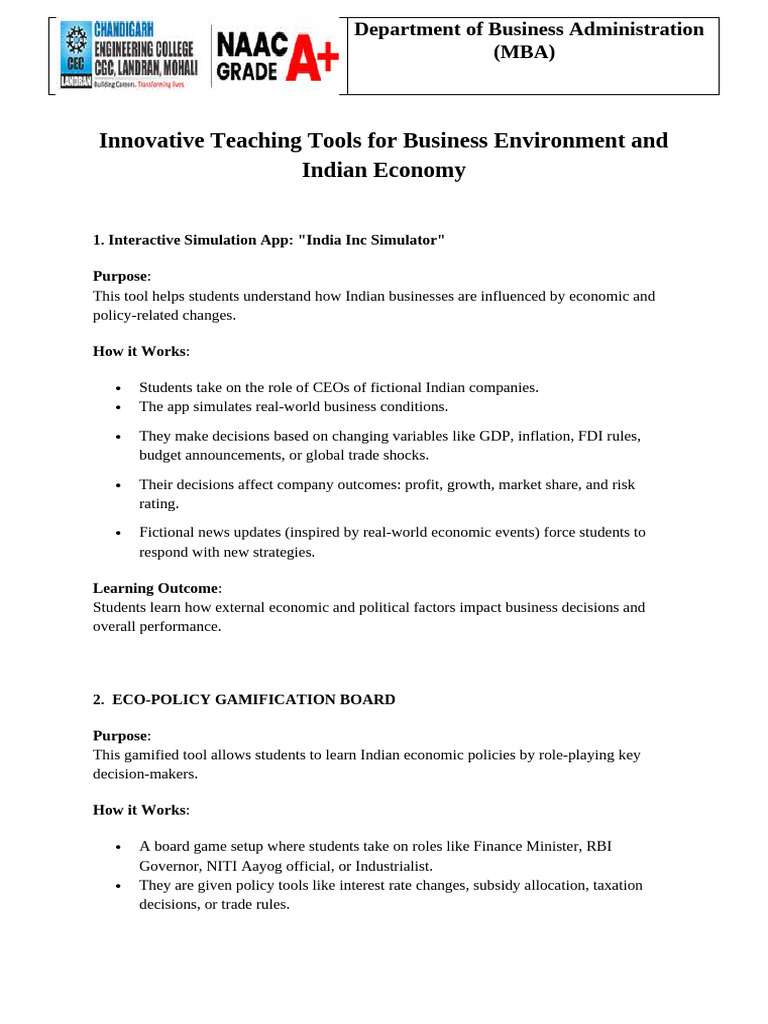 Innovative Teaching Tools For Business Environment and Indian Economy ...