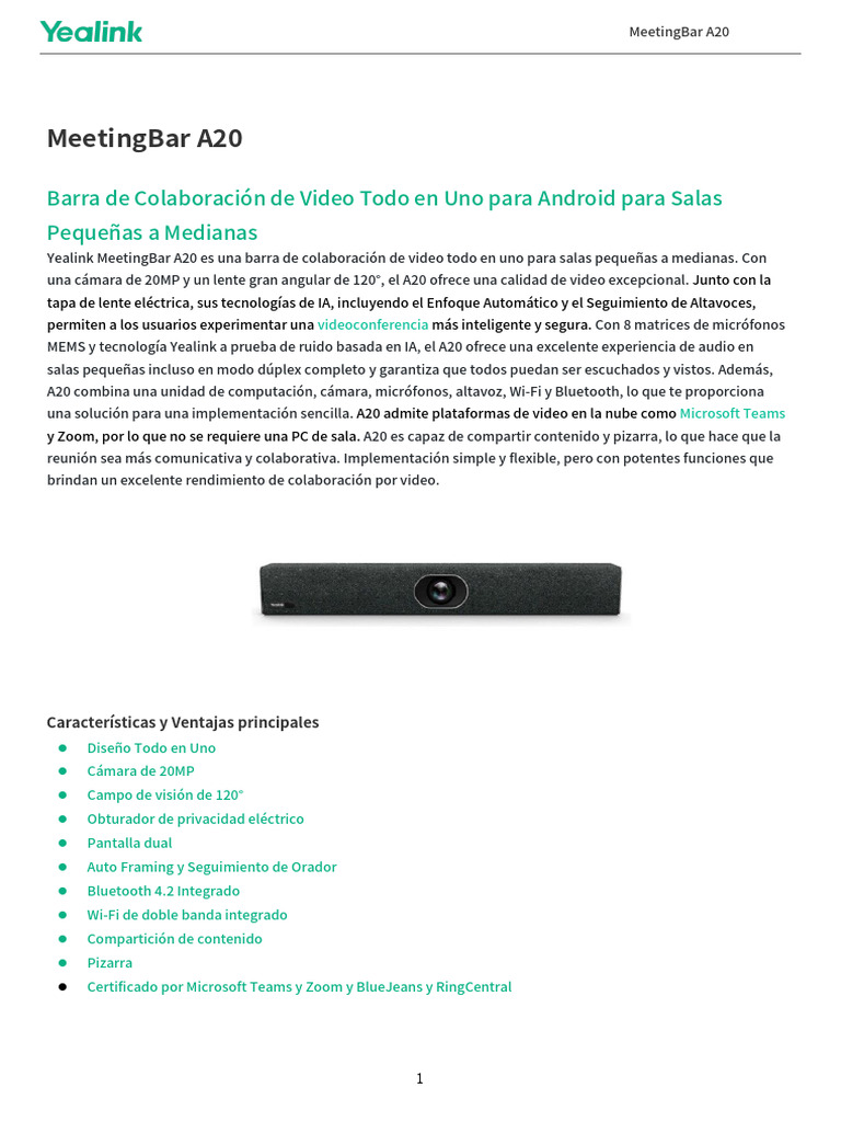 Yealink MeetingBar A20 Datasheet (ES) | PDF | Micrófono | Inteligencia ...
