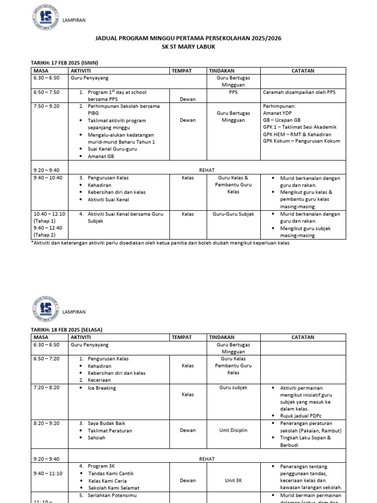 Jadual Minggu Pertama Persekolahan NEW | PDF
