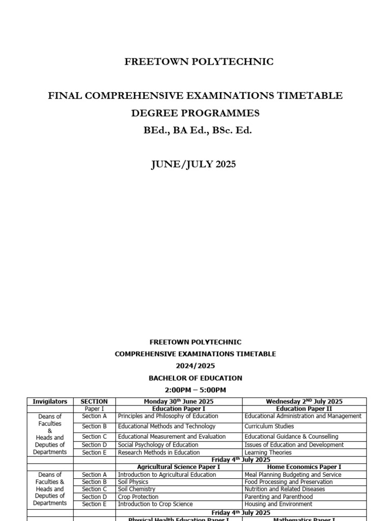Freetown Polytechnic Exam Timetable 2025 | PDF | Science | Chemistry