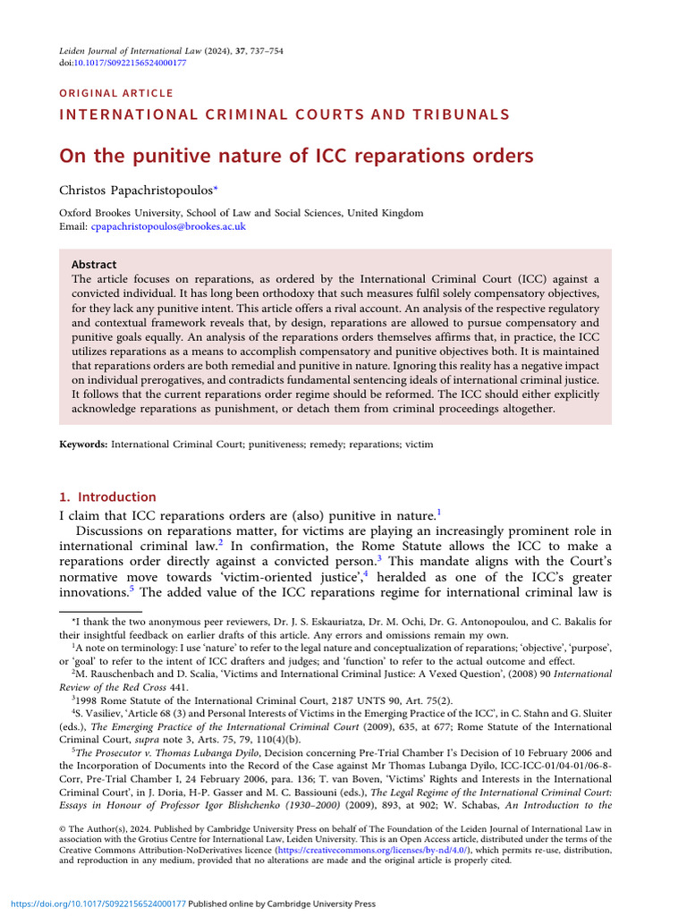 On The Punitive Nature of ICC Reparations Orders | PDF | International ...