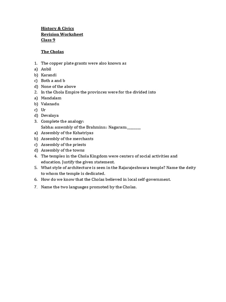 The Cholas Worksheet | PDF