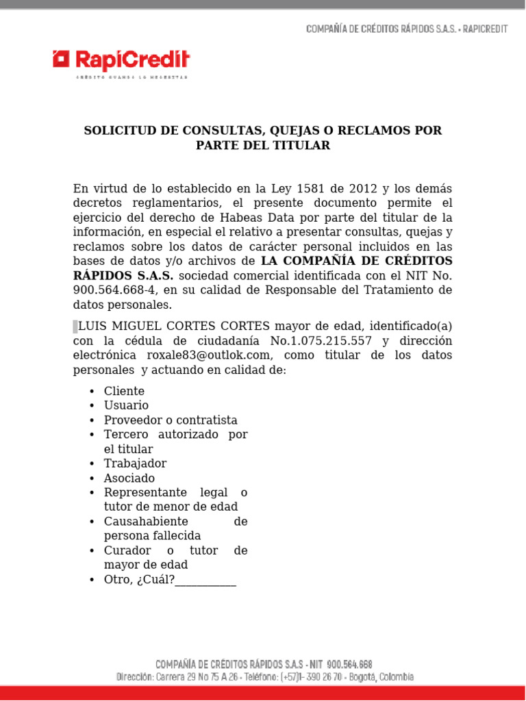 41 Formato para Ejercicio de Habeas Data Consultas Quejas y Reclamos ...