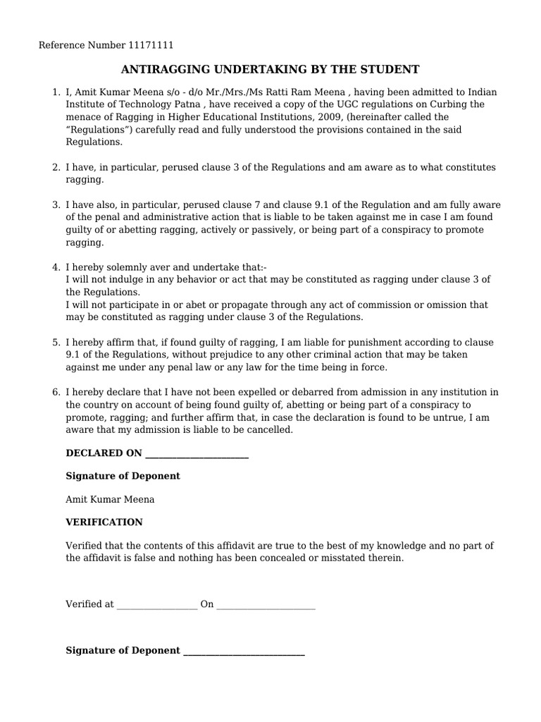 Anti Ragging Affidavit Form | PDF | Affidavit
