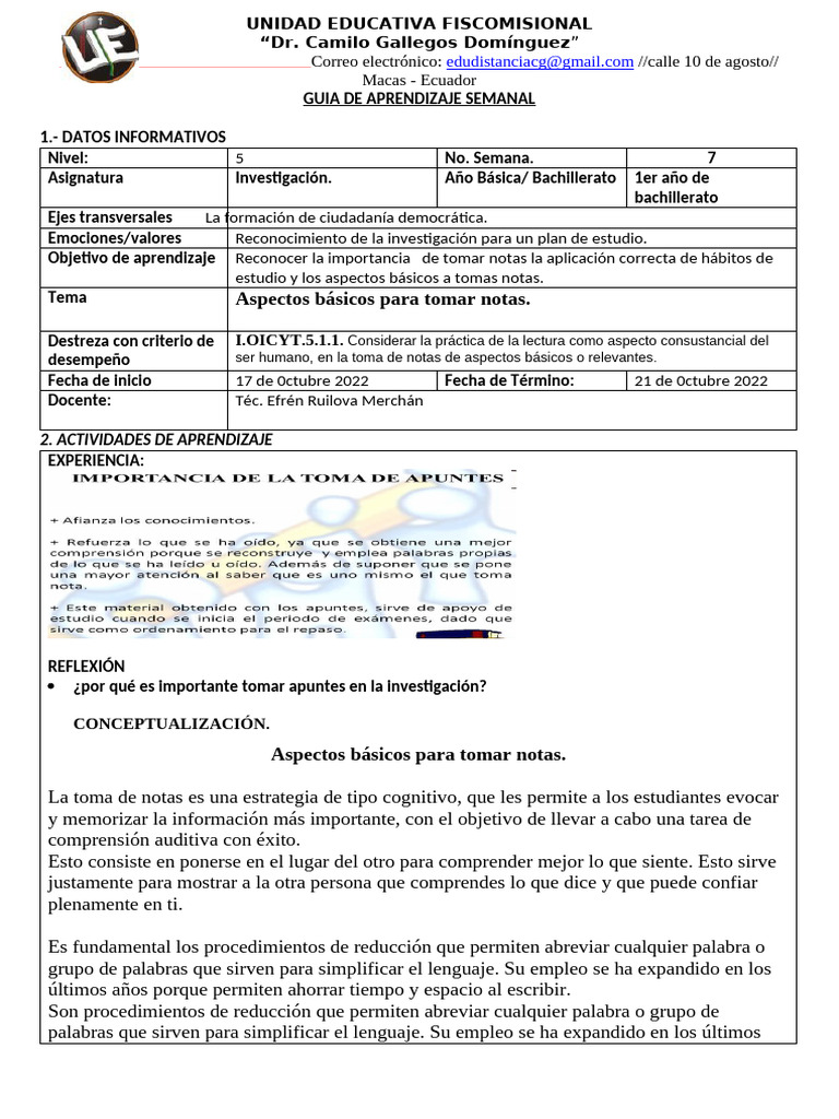 Guia Semana 7 1ero Bgu-Investigacion Efren | PDF | Aprendizaje | Maestros