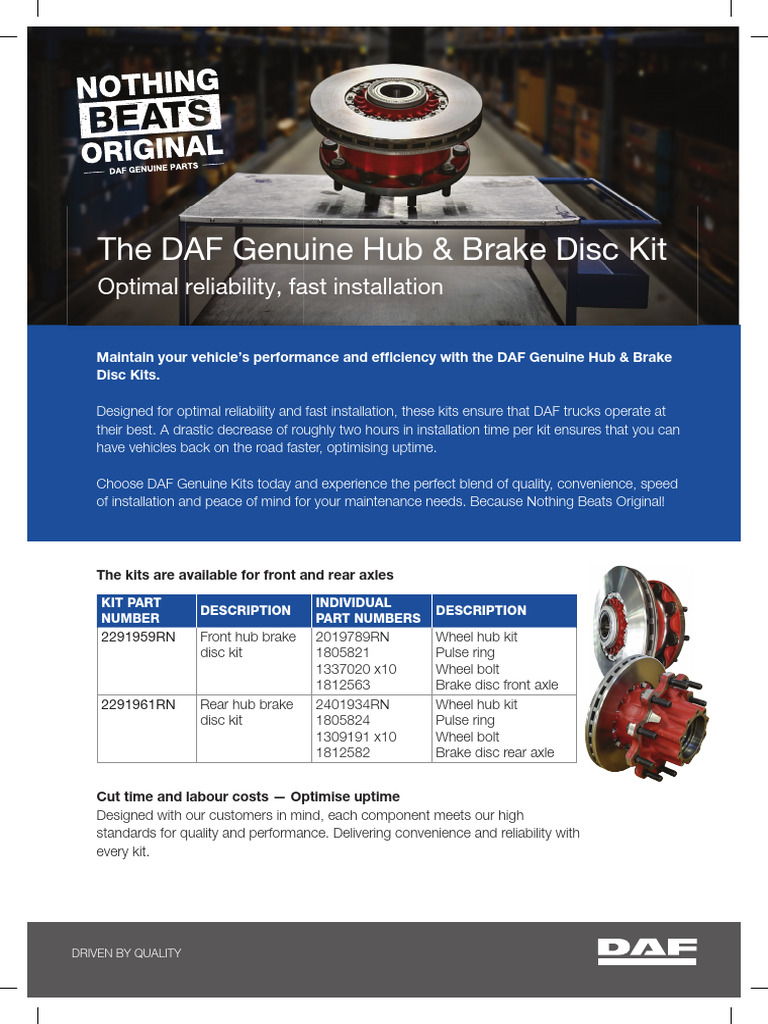 Product Sheet - DAF Genuine Hub and Brake Disc Kit | PDF