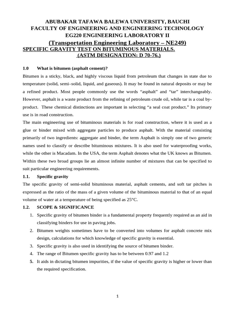 Specific Gravity Testing of Bitumen | PDF | Water | Applied And ...